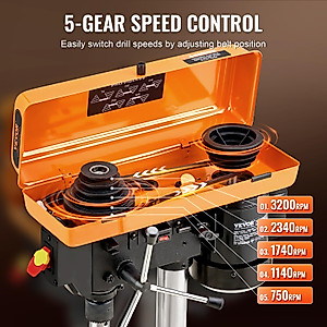 VEVOR 8 in Benchtop Drill Press, 2.3A Induction Motor, Tabletop Drilling Machine with 750/1140 / 1740/2340 / 3200 RPM Adjustable Speed, 0-45° Tilting Worktable, LED Work Light, for Wood Metal