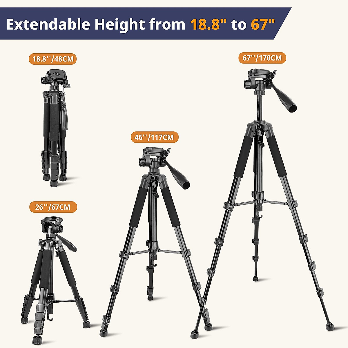 Eicaus 55 Inch Heavy Duty Tripod Stand for Cameras, Cell Phones, Projectors, Webcams, Spotting Scopes - Complete Unit for Canon, Nikon, Sony - Perfect for Phone & Camera Photography