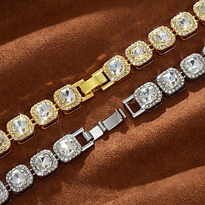 Apzzic 12mm Iced Out Square Tennis Chain Micro Pave Cubic Zircon 1 Row Diamond Cuban Link Bracelet Hip Hop Jewelry For Men Women Silver 8inch
