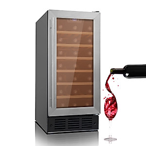 Smad 15 inch Wine Cooler Under Counter, 31 Bottle Built in Wine Fridge with Wood Shelf, Double Reversible Glass Door, Digital Temperature Control, Super Quiet, Stainless Steel, Black