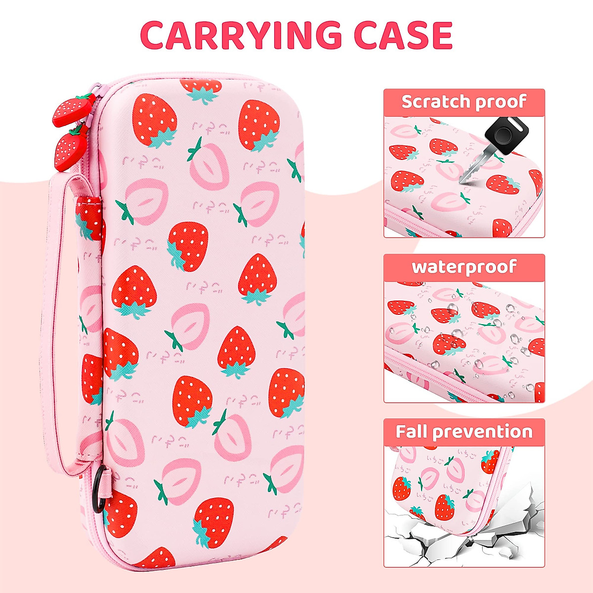 FANPL Carrying Case for Nintendo Switch and Switch OLED Accessories, Pink Strawberry Travel Case Bundle with Adjustable Shoulder Strap, Thumb Grips, Hard Switch Protective Case Cover Anti-scratch