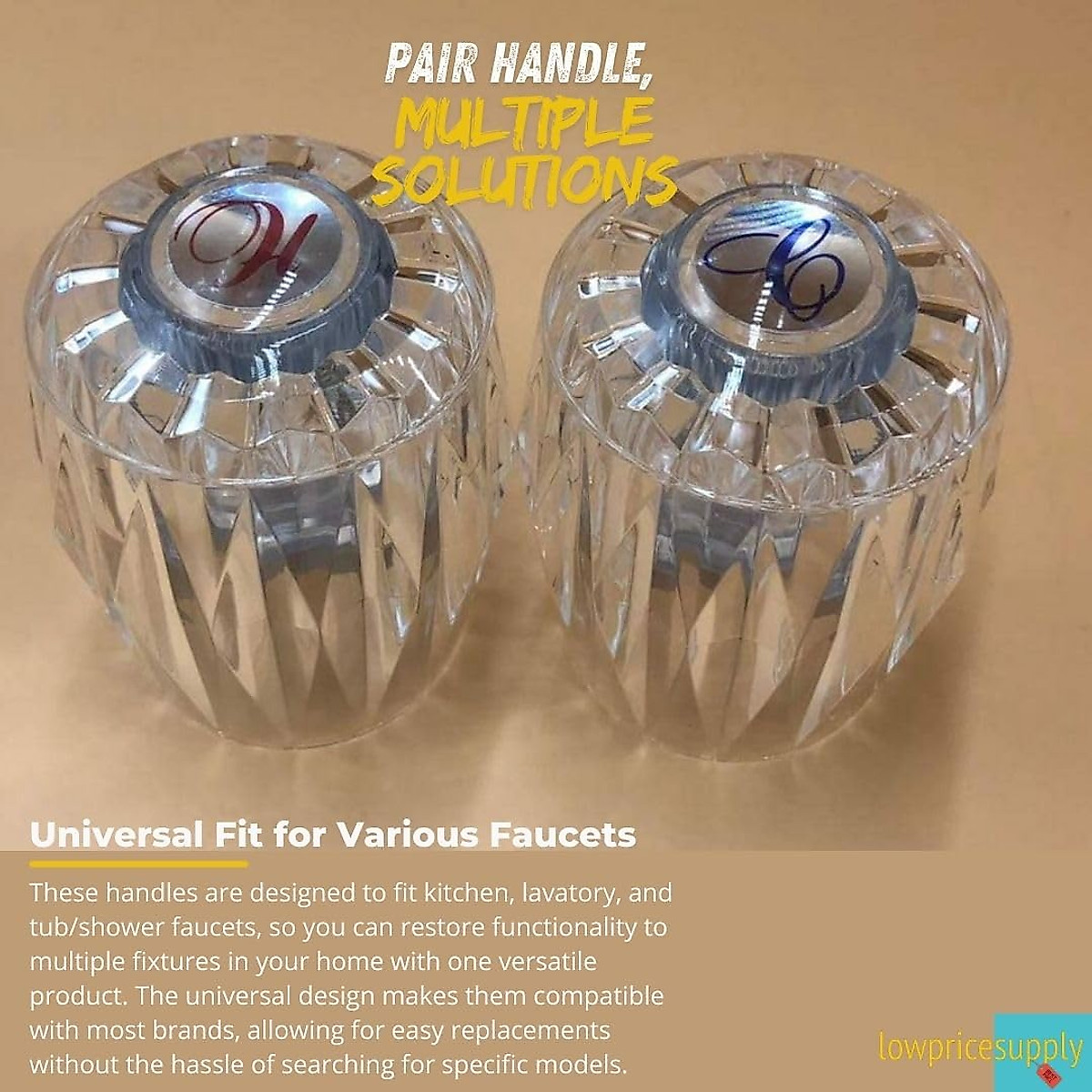 Generic Shower Handles with Adapter fits Valley, Eljer Tub, Shower Handles with Adapter - Clear Acrylic, 3" Height D Broach, Universal Fit for Various Faucets, Exact OEM Style Match - Pair