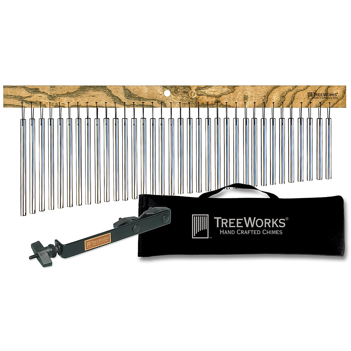 TreeWorks Chimes Complete Chime Set with Mounting Bracket and Bag — MADE IN U.S.A. — Large Single Row, Tennessee Hardwood (TRE35KIT)