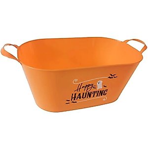 Happy Haunting Orange Oval Bucket with Handle Sentiment Plastic Buckets Handles Gifts Gift Baskets Storage Organizer Containers Party Favor Halloween Holiday Themed Plastic Bucket Decorations