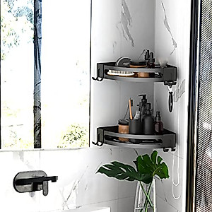 GeekDigg 2-Pack Shower Shelves for Tile Walls, Aluminum Corner Shower Basket (Not brushed nickel) & 2 Pack Corner Shower Caddy, Adhesive Bathroom Shelf Wall Mounted with Razor Holder
