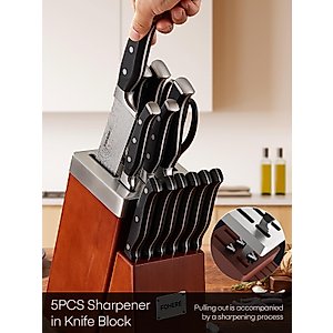 Knife Block Set, FOHERE 14 Pieces Razor-Sharp Self Sharpening Knife Set, High Carbon Stainless Steel Waved Pattern Knife Set with Block, Rust & Stain Resistant Kitchen Knives and Triple Riveted Handle