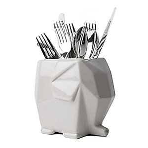 Novelty "Elephant" Cutlery Holder & Drainer for your Kitchen Sink - Multifunctional & Decorative Silverware Organizer, Utensil Caddy or Toothbrush Holder Made of Premium Ceramic - Grey
