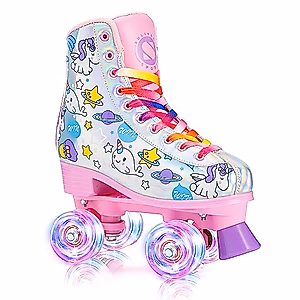 SULIFEEL Rainbow Unicorn Roller Skates for Girls Light up Wheels Womens Quad Skates with High Top Reflective TPU Leather Unicorn