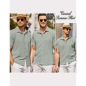 COOFANDY Men's Casual Short Sleeve Button Down Shirt Textured Summer Beach Shirt Light Green
