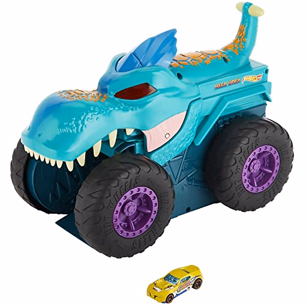 Hot Wheels Monster Trucks Car Chompin' MEGA-Wrex, Large Toy Monster Truck & 1:64 Scale Toy Car, "Eats" & "Poops" 1:64 Scale Vehicles