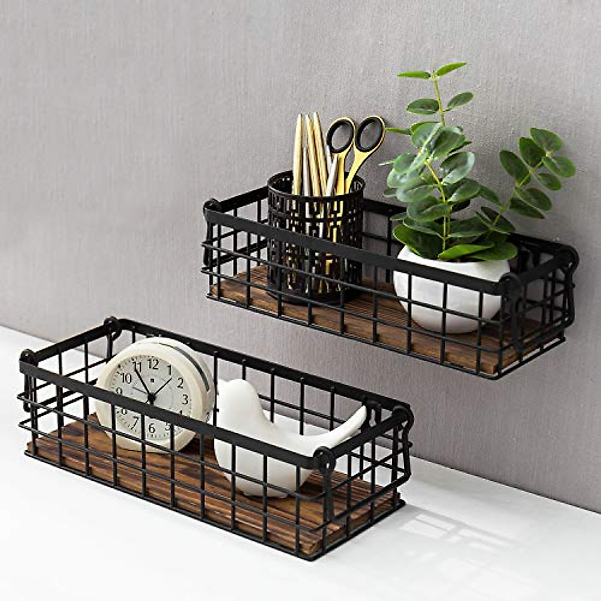 MyGift Wall Mounted or Tabletop Rustic Black Metal Wire and Burnt Wood Small Decorative Storage Baskets with Handles, Set of 2