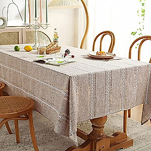 Chassic Rustic Farmhouse Style Hemstitched Embroidered Linen Tablecloth, Wrinkle Resistant Washable Dining Room tablecloths for Rectangle Tables, 60 x 84 inches - Light Coffee