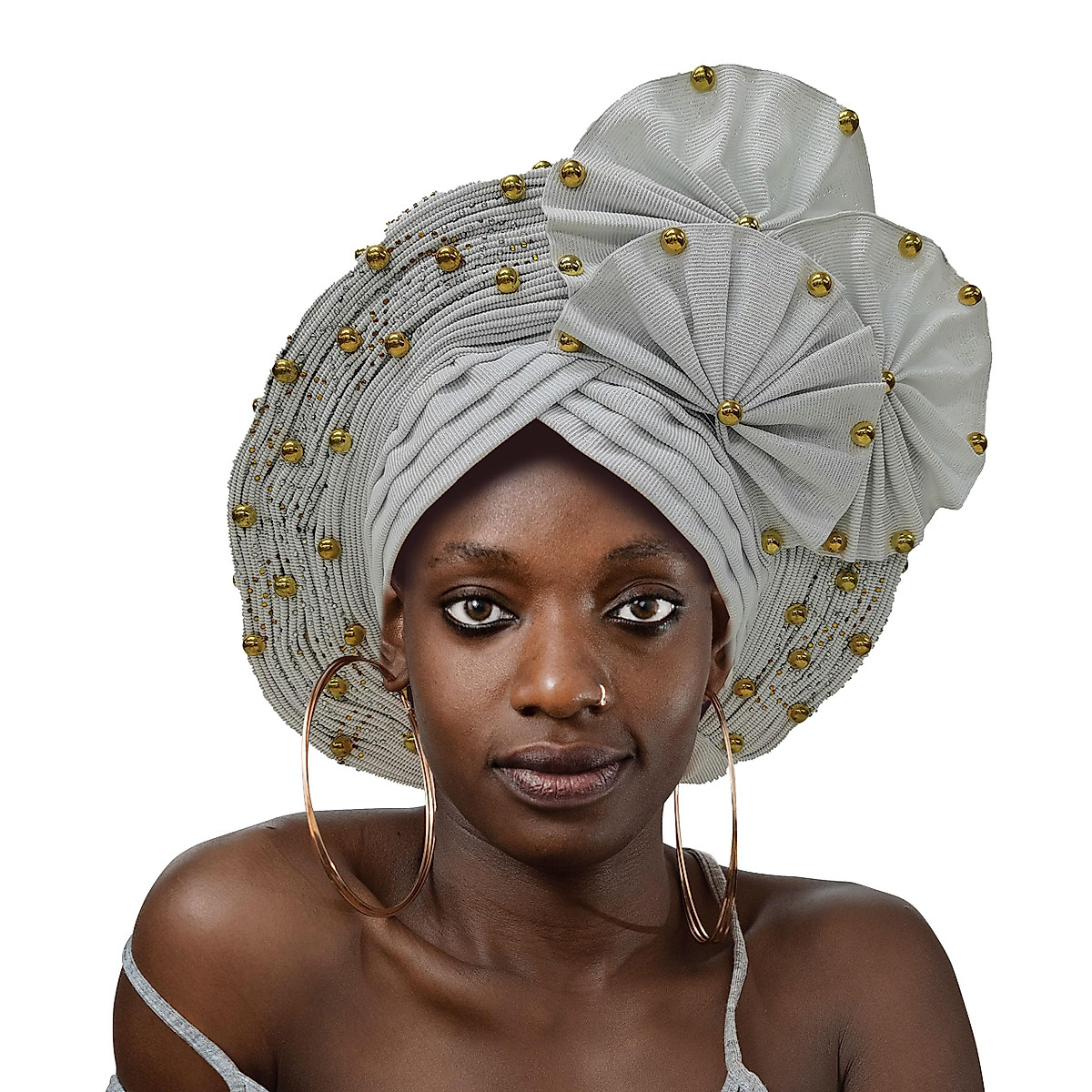 QliHut Nigerian Gele Headties With Beads And Stones African Headtie Women Head Wrap Already Made Auto (White,1)