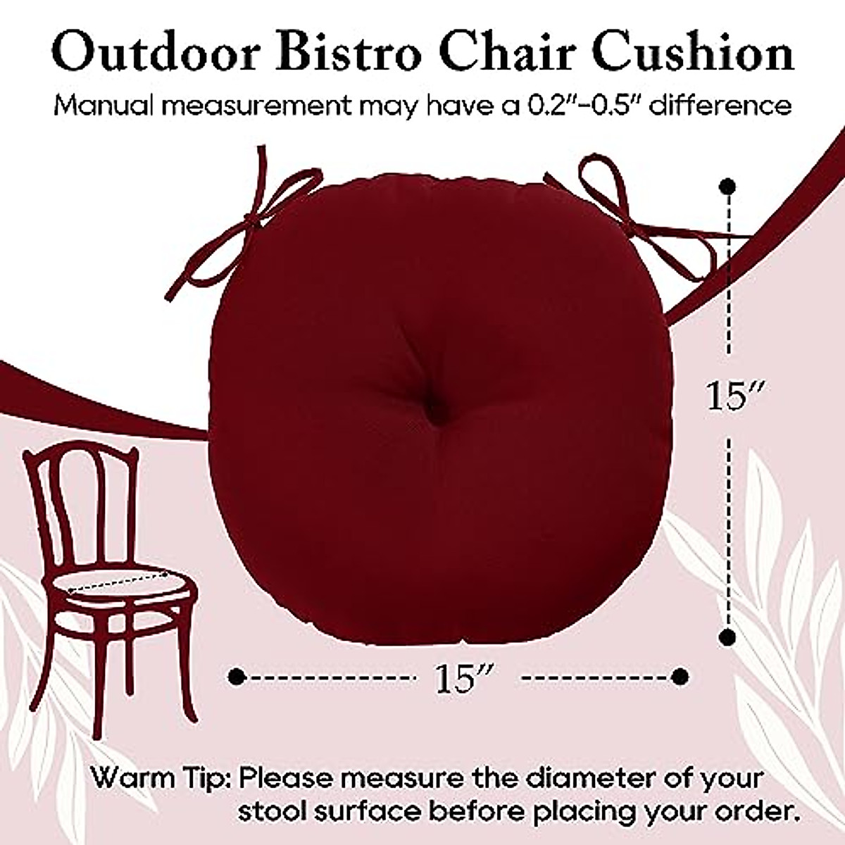 LOVTEX Memory Foam Outdoor Chair Cushions, 2 Pack, Round, 15 Inch, Dark Red, Waterproof, with Ties