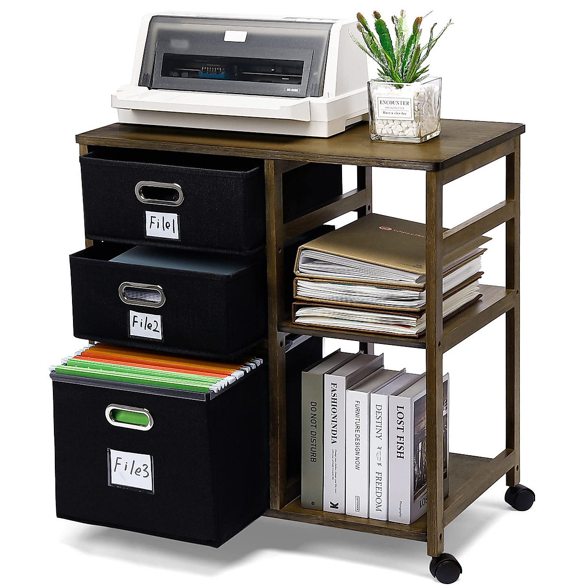 Homde 3 Drawer Bamboo File Cabinet Whit Wheel,Mobile Office Lateral File Cabinets,File Folders for Filing Cabinet,Printer Stand with Open Storage Shelf fits A4 Letter Size for Home Office,Brown