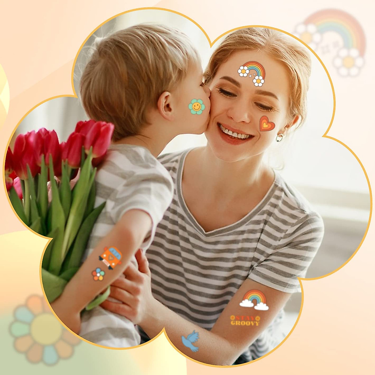 75Pcs Groovy 70s Temporary Tattoos for Kids, Hippie Tattoo Stickers, Birthday Party Favors Decorations Supplies for Boys Girls, Flower Power Good Vibes Smile Love Rainbow Arts and Crafts