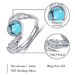 MEDWISE Feather Rings Turquoise Rings 925 Sterling Silver Adjustable Statement Leaf Rings Finger Thumb Rings for Women Birthday Christmas Mothers Day