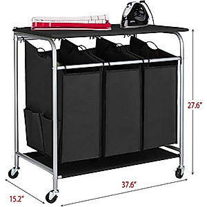 JINAMART 3 Section Laundry Sorter with Ironing board, Rolling Laundry Hamper cart, Removable Bag Sorter Basket with 4 side pockets, Laundry Organization Bins for Bedroom & Bathroom (Black)