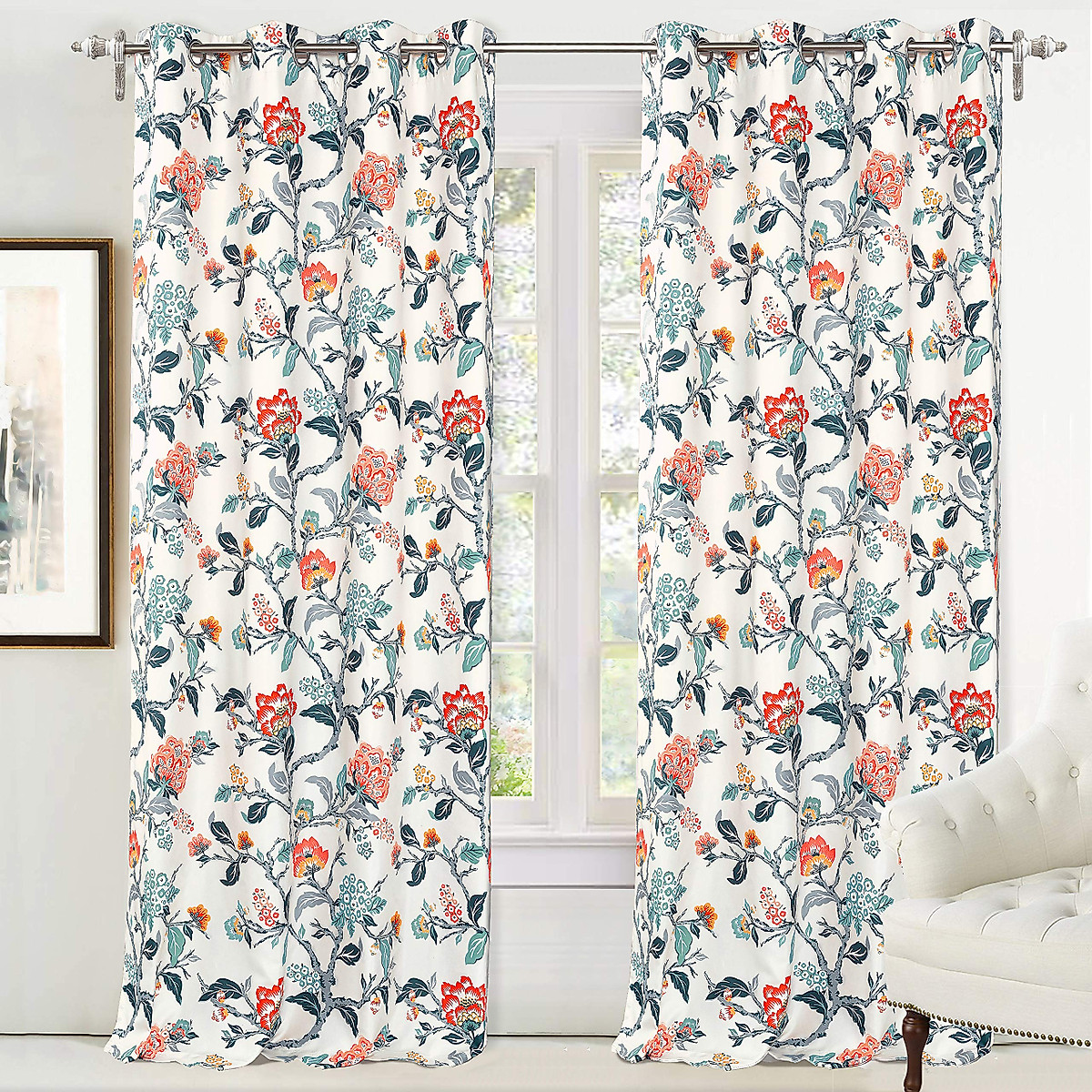 DriftAway Ada Floral Botanical Print Flower Leaf Lined Thermal Insulated Room Darkening Blackout Grommet Window Curtains 2 Layers Set of 2 Panels Each 52 Inch by 84 Inch Ivory Orange Teal