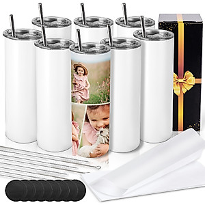 D·S 8 Pack Sublimation Tumblers 20 oz Skinny Stainless Steel Insulated Straight Sublimation Tumbler Blank with Straw, Lid, Brush and Shrink Wrap