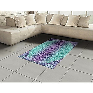 Ambesonne Purple and Turquoise Area Rug, Hippie Ombre Mandala Inner Peace and Meditation with Ornamental Art, Flat Woven Accent Rug for Living Room Bedroom Dining Room, 4' X 5.7', Purple Aqua
