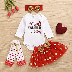 XFGLCK Newborn Baby Girls Valentine’s Day Outfit Letter Print Bodysuit Romper +Tutu Skirt +Leg Warmers+ Headband Clothes Set (Skirt outfit red, 0-3 Months)