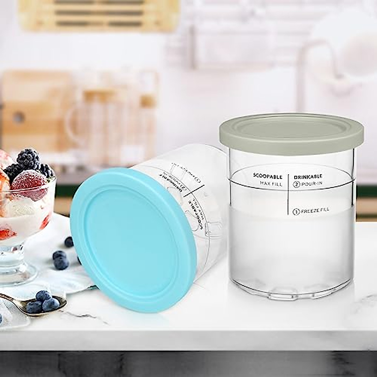 FIRJOY 24 oz. Containers | Extra Replacement Pints and Lids for Ninja Creami Deluxe - Compatible with NC501, NC500 Series (2 Pack - Grey, Blue)