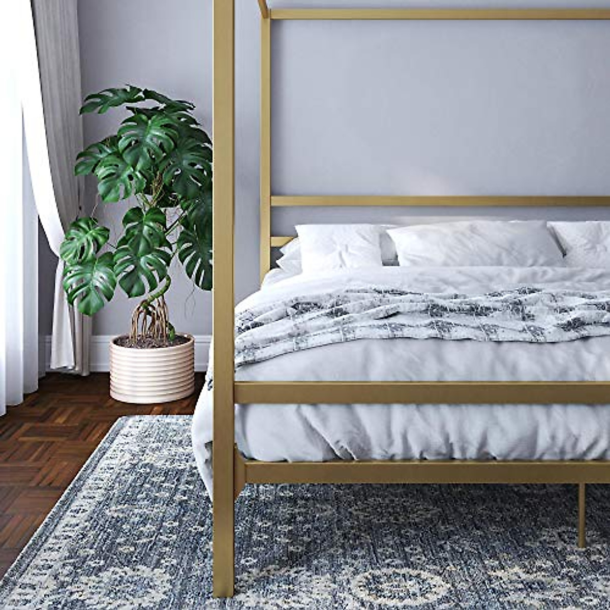DHP Modern Metal Canopy Platform Bed with Minimalist Headboard and Four Poster Design, Underbed Storage Space, No Box Spring Needed, King, Gold
