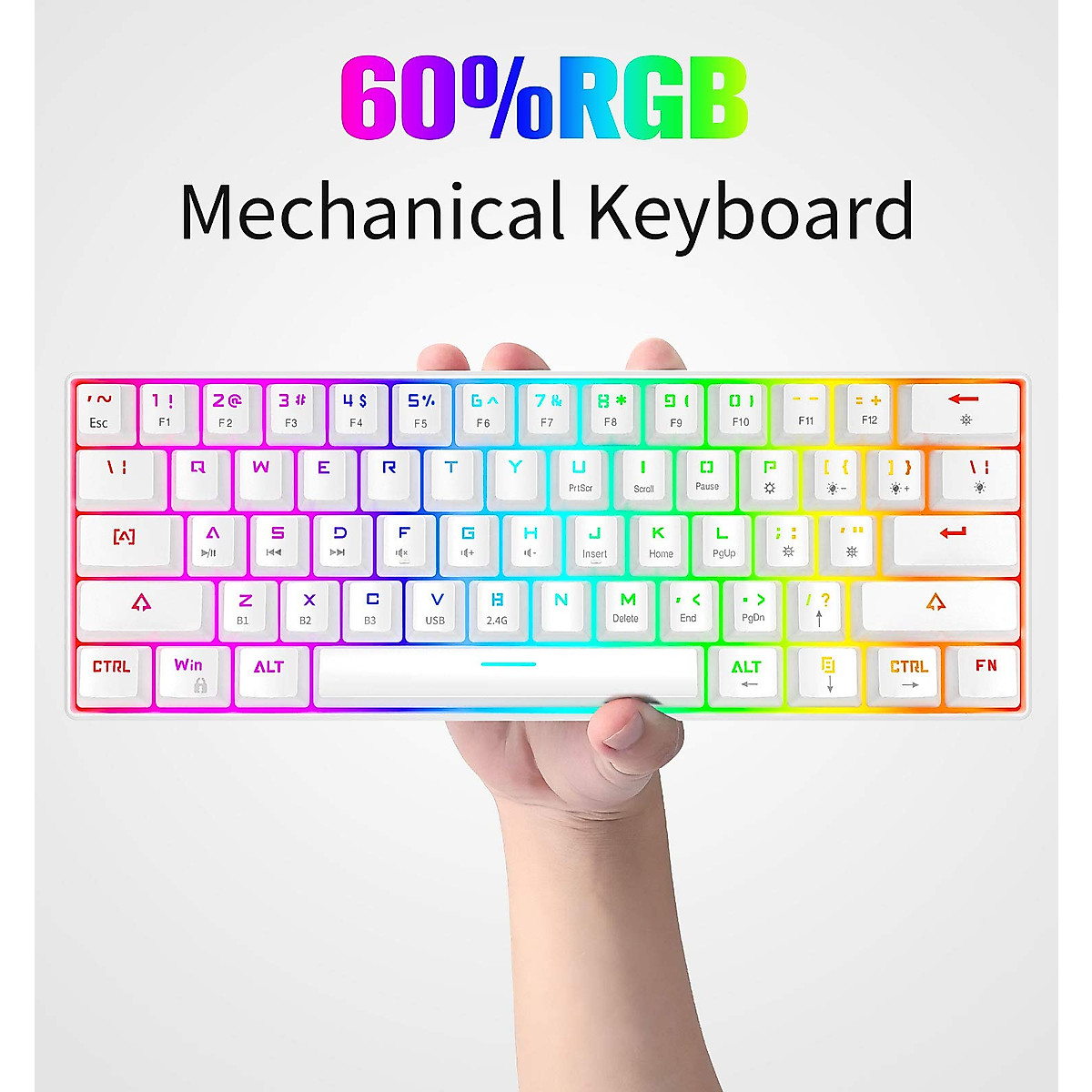 SUPGALIY 60% Mechanical Keyboard Wireless 2.4G/Bluetooth 5.0/Wired Gaming Keyboard 3000mAh 61 Keys RGB Backlit Portable Mini Keyboard for Windows, Mac, Android, iOS (Hot Swappable Blue Switch, White)