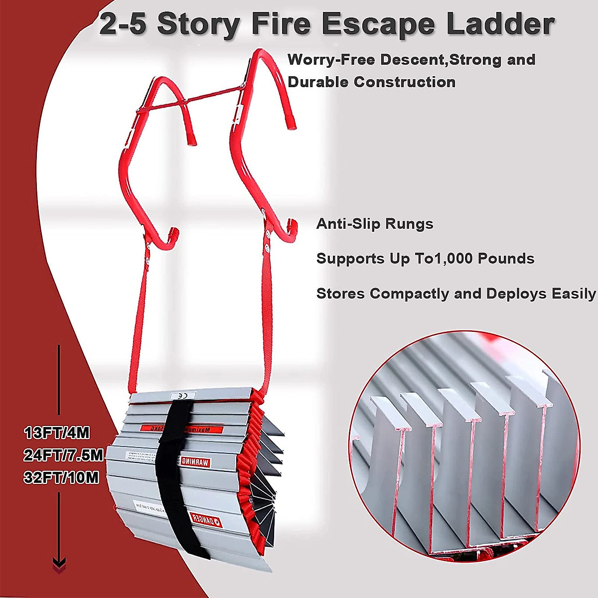Escape Ladder for Homes, 32FT Retractable Fire Safety Ladder with Wide Steps for Adults and Kids, Portable Emergency Window Exit Kit