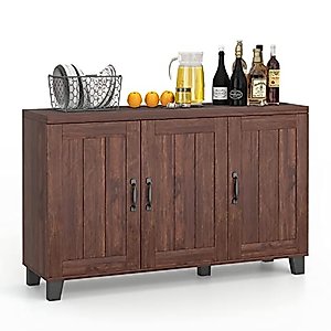 Giantex Buffet Cabinet Kitchen Storage Cupboard - 3 Door Sideboard with Adjustable Shelves, Cable Management Holes, Anti-Tipping Kits, Coffee Bar Console Cabinet for Living Room (Brown)