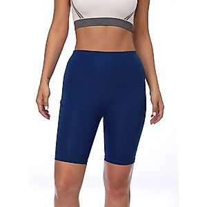 NELEUS Women's 3 Pack Athletic Shorts for Biker Running Yoga Gym Workout Tummy Control Workout with Pocket,1010,White/Blue/Navy,ID 2XL, US XL