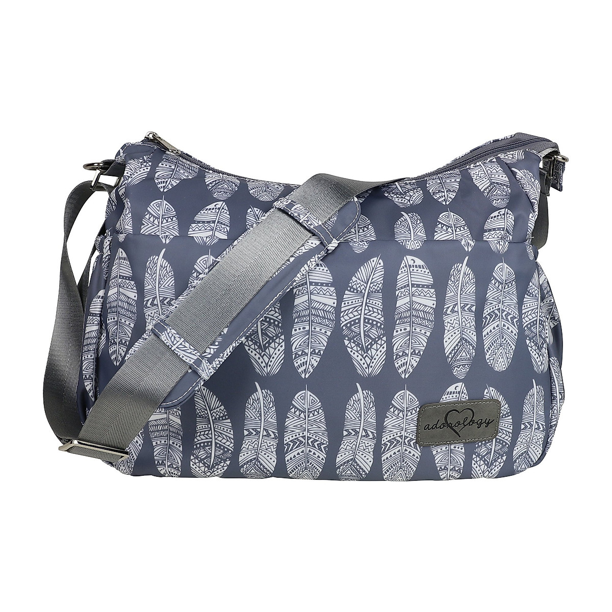 Diaper Bag Purse & matching Changing Pad in Premium Gray Nylon w/ 11 Pockets Insulated for Baby Bottles Silver Tone Hardware Perfect Spacious Crossbody Hobo Bags for Moms Grey Feathers Stroller Straps