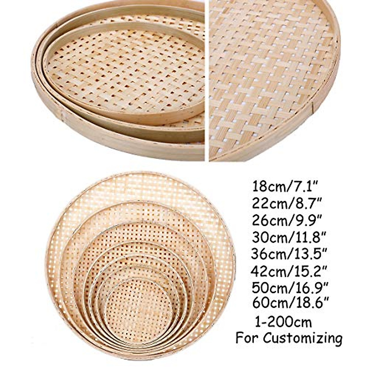 100% Handwoven Flat Wicker Round Fruit Basket Woven Food Storage Weaved Shallow Tray Organizer Holder Bowl Decorative Rack Display Kids DIY Drawing Board (Sqaure Hollow-Bamboo White, 22cm/8.7")