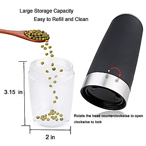 Joseky Black Electric Salt And Pepper Grinder , Pepper Mill Grinder with Adjustable Coarseness, Blue Led Light, One Hand Operated Suitable for Solid Seasoning Such As Sea Salt, Spices(2-pcs)