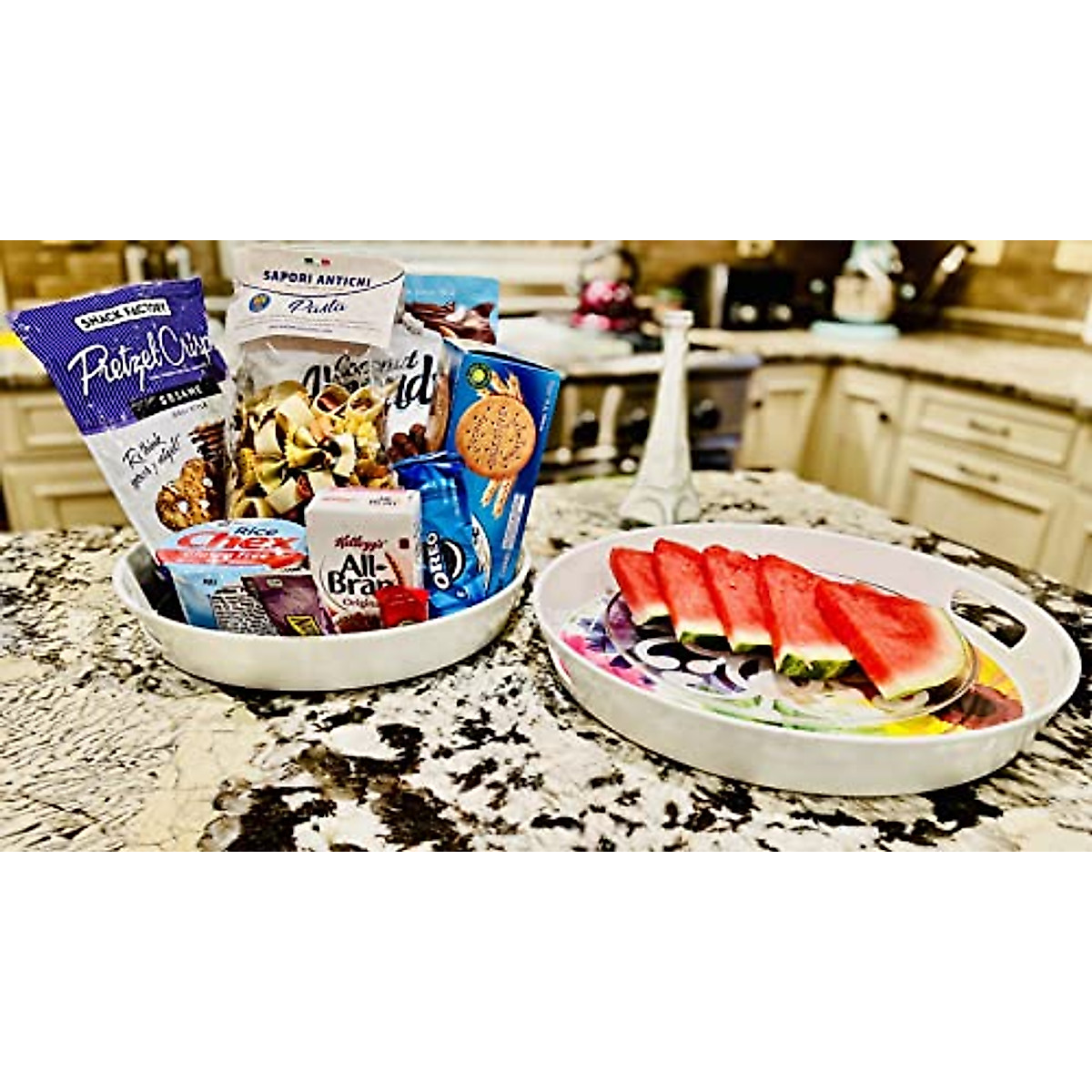 Christmas Serving Tray, Melamine Round Serving Tray Decorative Serving Tray for Tea, Drinks, Fruits in Size 13"/15"+ Free Serving Spoon (Flower-2pcs/set)