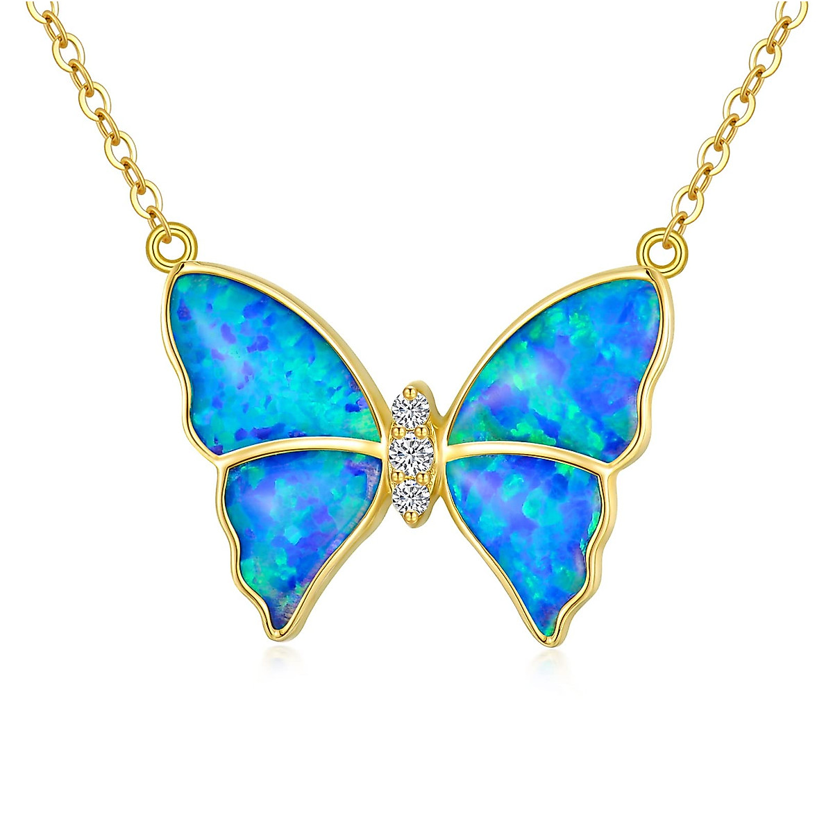 MUUYON 14K Gold Opal Necklace for Women Solid Yellow Gold Blue Opal Butterfly Pendant Necklace with Cubic Zirconia for Ladies Mom Sisters, 16+1+1 Inch