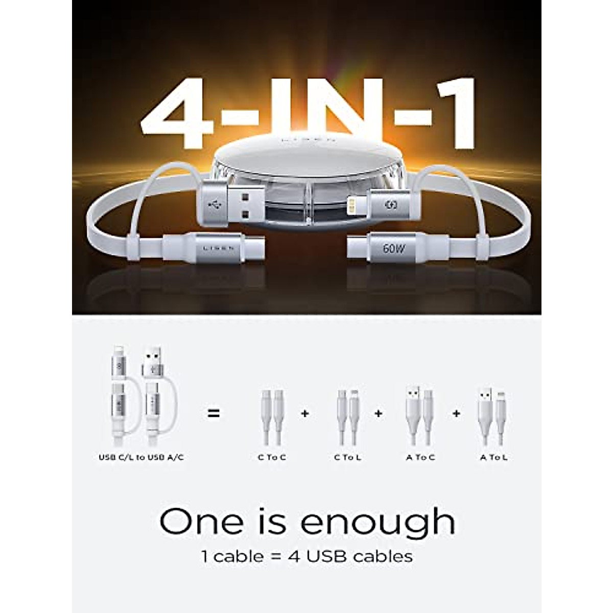 LISEN 4 in 1 Multi Charging Cable [Carry Anywhere] [Fast Charge All Devices] 60W PD USB C Charging Cable Retractable iPhone Charger Multiple Cord for Samsung Galaxy S23+/iPhone 14/Laptop/iPad(3.3FT)