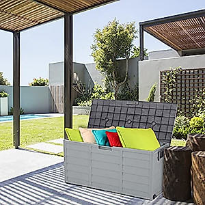 VINGLI Upgraded 75 Gallon Outdoor Storage Box, Lockable Plastic Storage Containers with Lid, Patio Deck Box Furniture for Garden, Pool, Balcony, Yard (Grey)