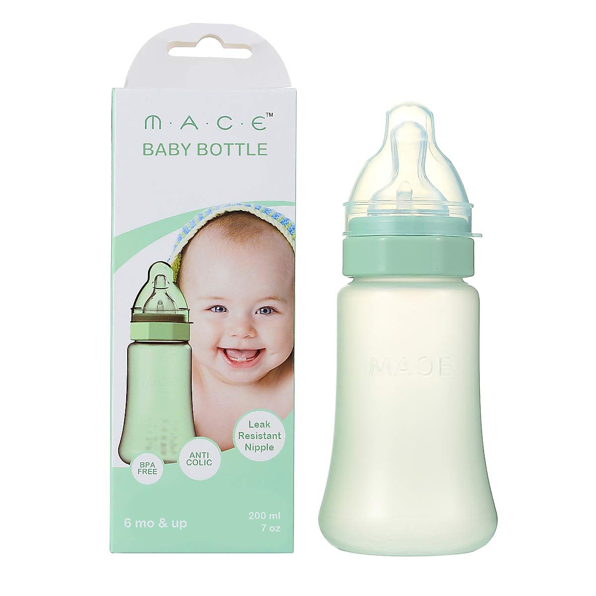 aMACEing Zero Leak® Baby Bottle with Anti-Colic Vent and Variable Flow, Leak-Proof 7oz (Green)