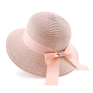 Zsedrut Women,Little Girls Straw Sun Hat Summer Beach Cap Foldable Visor Floppy Hats Wide Brim with Bowknot(Pinkbow,2-4T)