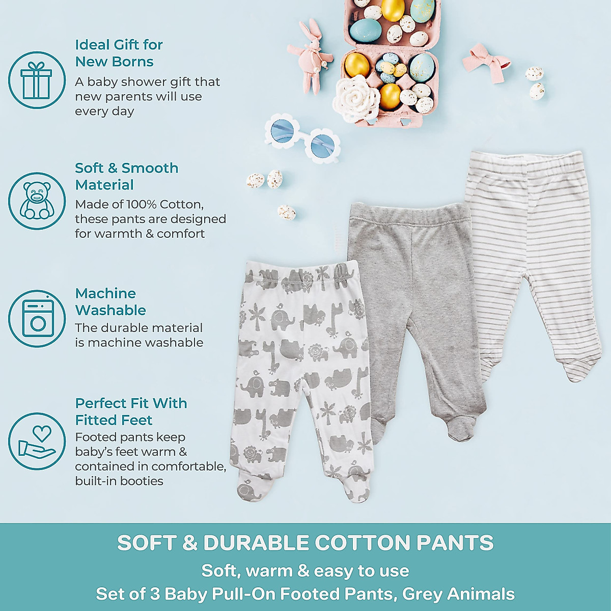 Spasilk Baby Boys' Cotton Pull on Footed Pants, Pack of 3, Gray Animals, 3 Months