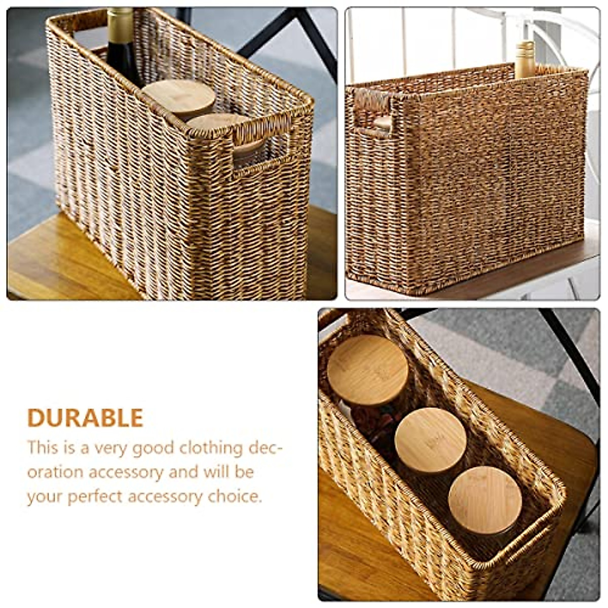 Cabilock Rattan Woven Basket Book Holder Basket Magazine Wicker Basket Woven Magazine Holder Magazine Rack Magazine Storage Organizer Rectangular Basket Bins Garbage Container Bin Utensil Tray