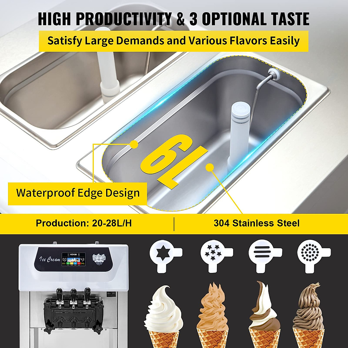 VEVOR Commercial Soft Ice Cream Machine, 3 Flavors Ice Cream Machine w/Pre-Cooling, 5.3-7.4 Gal/H Gelato Machine Commercial, 2200W Countertop Commercial Yogurt Maker Machine, w/LCD Intelligent Panel