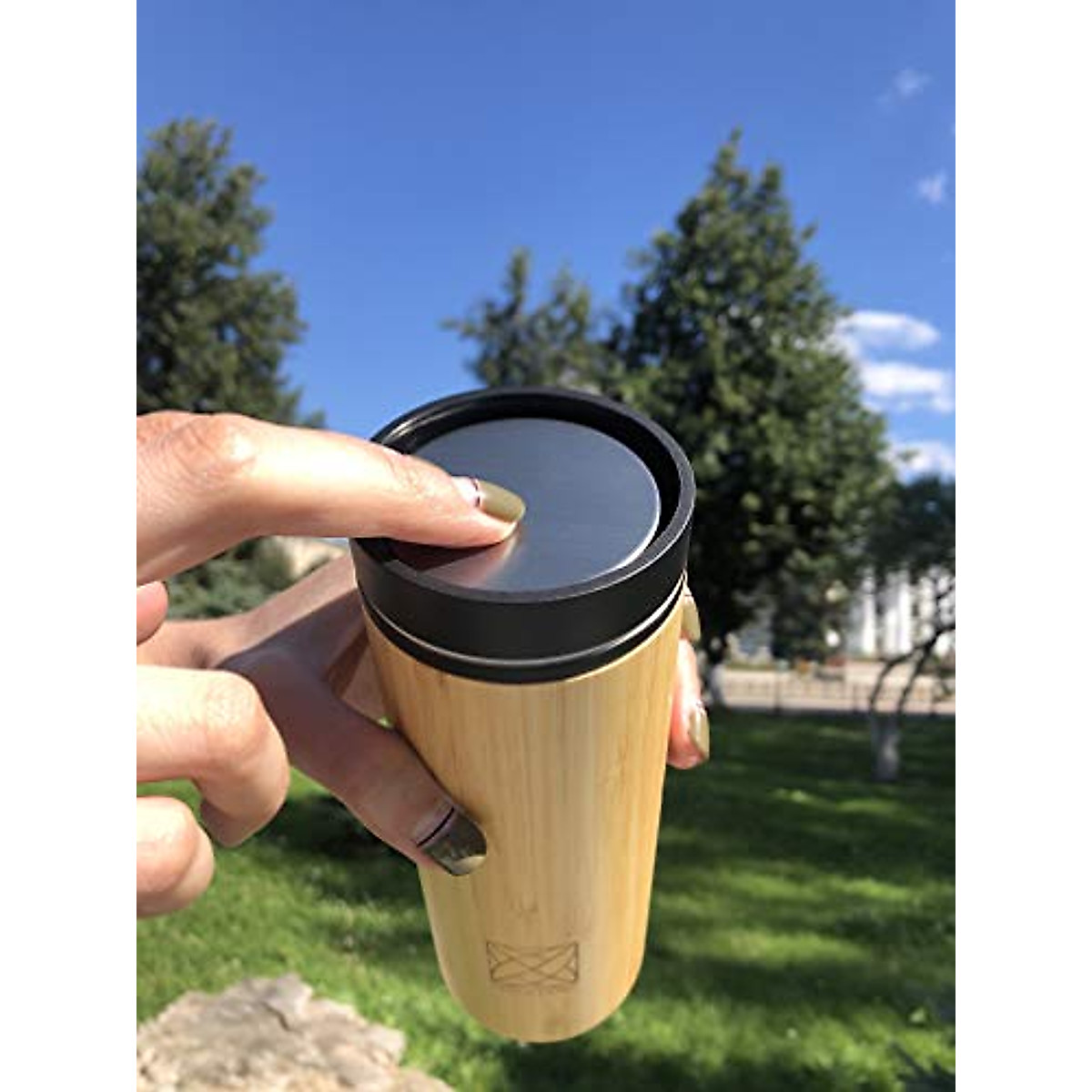 Santai Living Click Open Vacuum Insulated Travel Mug - Bamboo & Double Walled Stainless Steel Thermo Flask 14oz/400ml