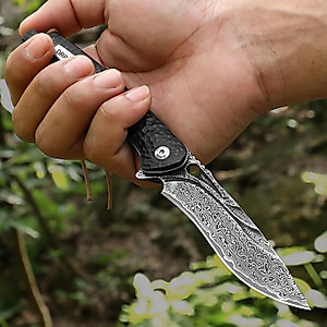 DRACHENADER Damascus Pocket Knife for Men, with Leather Sheath/Clip, 67-Layer Damascus Steel Pocket Knife Handmade Quick Release- Vg10 Steel Core Ebony Handle, Ideal Gift, Black