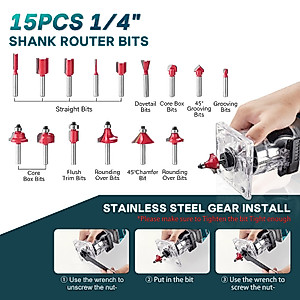 Avhrit Cordless Compact Router, Wood Router Tool With 2PCS 4.0Ah Batteries, 21V Brushless Portable Handheld Palm Routers for Woodworking, Wood Trimmer Cutting with 15 pieces 1/4" Router Bits Set