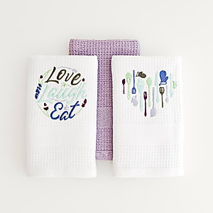 Luzia Lavender Love Kitchen Towels; Stylish and Absorbent - Waffle Weave Embroidered Dish Towels Turkish Cotton - Set of Three, White and Lavender Color