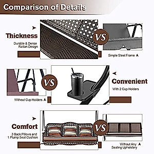 AECOJOY 3-Seat Proch Swing Chair, Patio Swing with Canopy, 2 Side Trays, 3 Pillows & Removable Cushion, Patio Wicker Swing with Stand Outdoor Swings for Adults, Balcony, Garden, Deck(Brown Rattan)