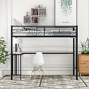 RORIGAT Twin Metal Loft Bed with Desk, Ladder and Guardrails, Loft Bed for Kids Teens Adults,Black